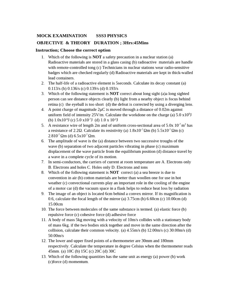 Mock Examination 2025 Sss3 Physics | PDF | Nuclear Physics | Atoms