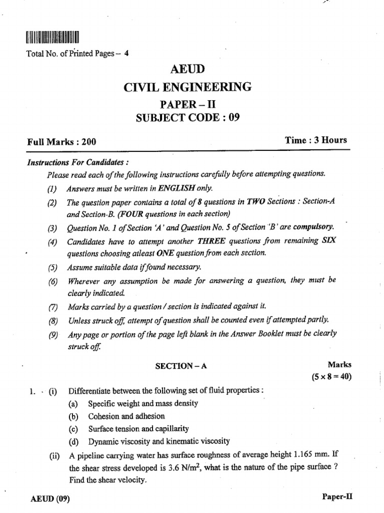 Civil Engineering Exam Paper - 200 Marks | PDF | Continuum Mechanics ...