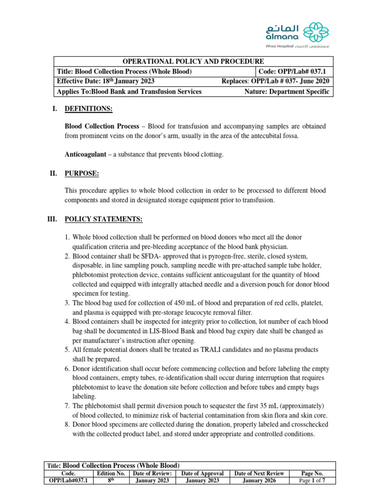 Whole Blood Collection Procedure | PDF | Blood Donation | Blood Transfusion