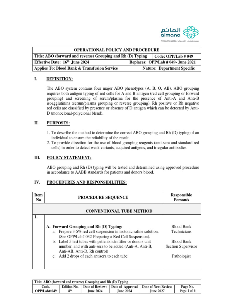 ABO and Rh Typing Procedures Guide | PDF | Medical Tests | Medical ...