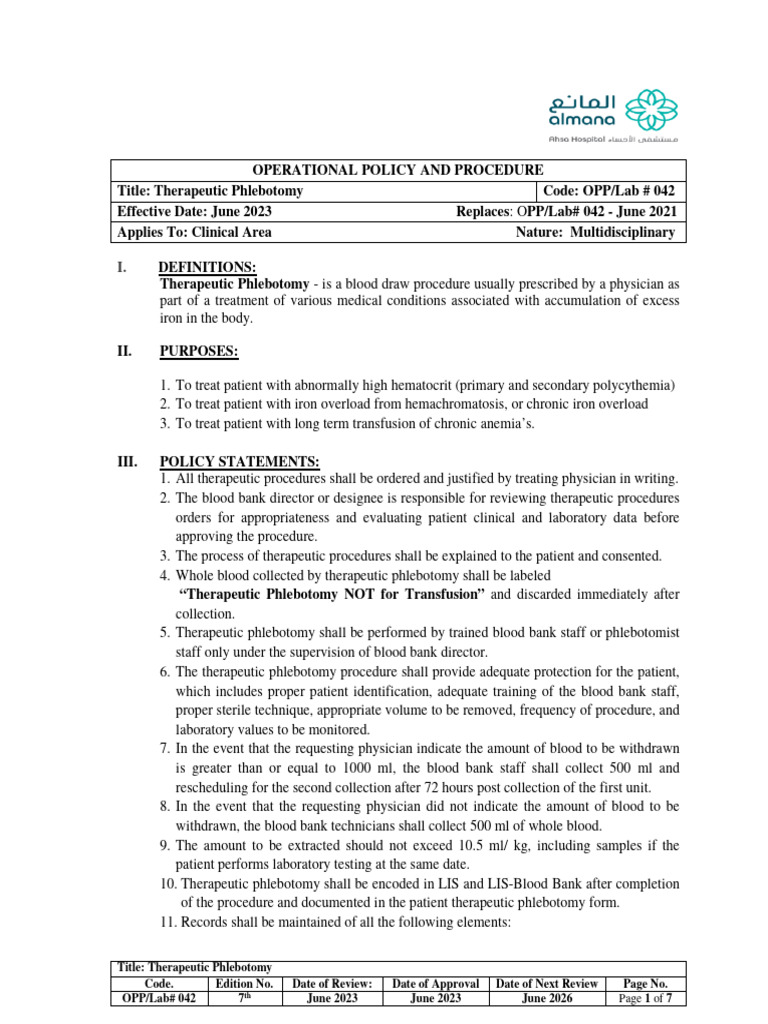 Therapeutic Phlebotomy Guidelines | PDF | Blood Transfusion | Blood