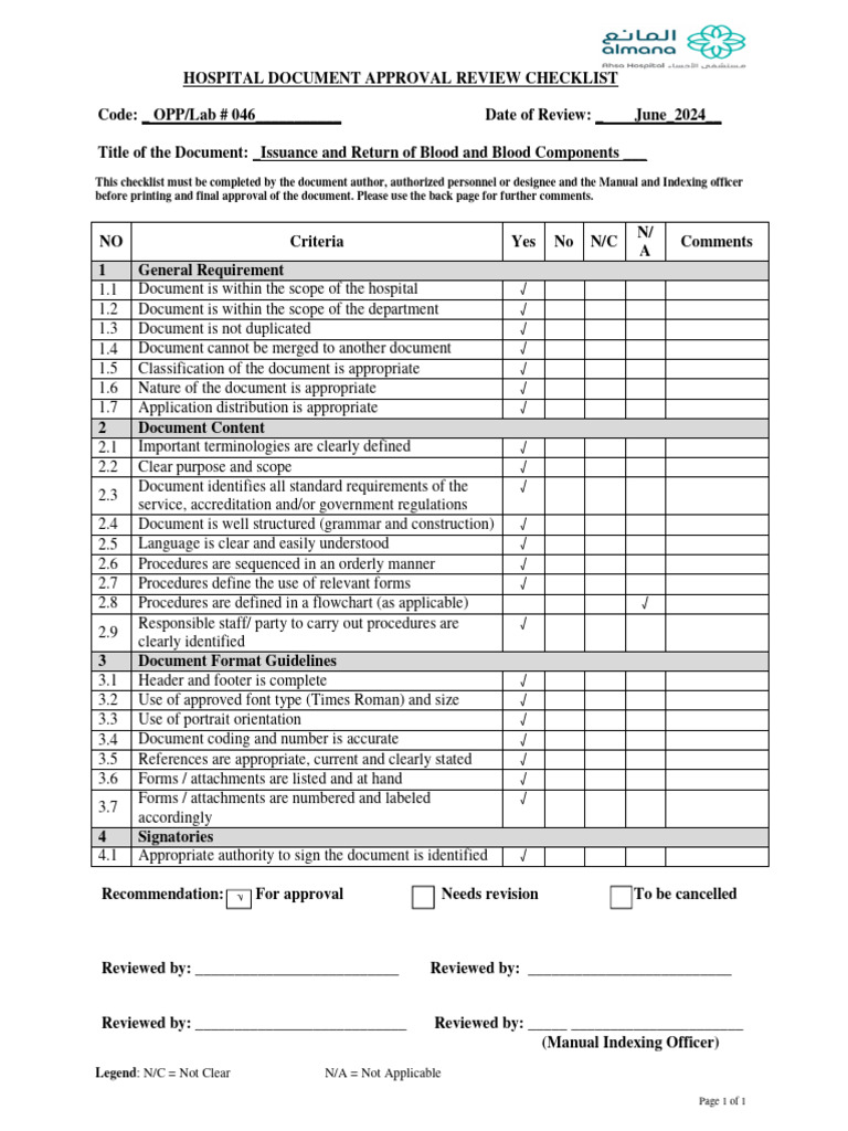 Blood Component Issuance Checklist | PDF | Blood Transfusion | Medical ...