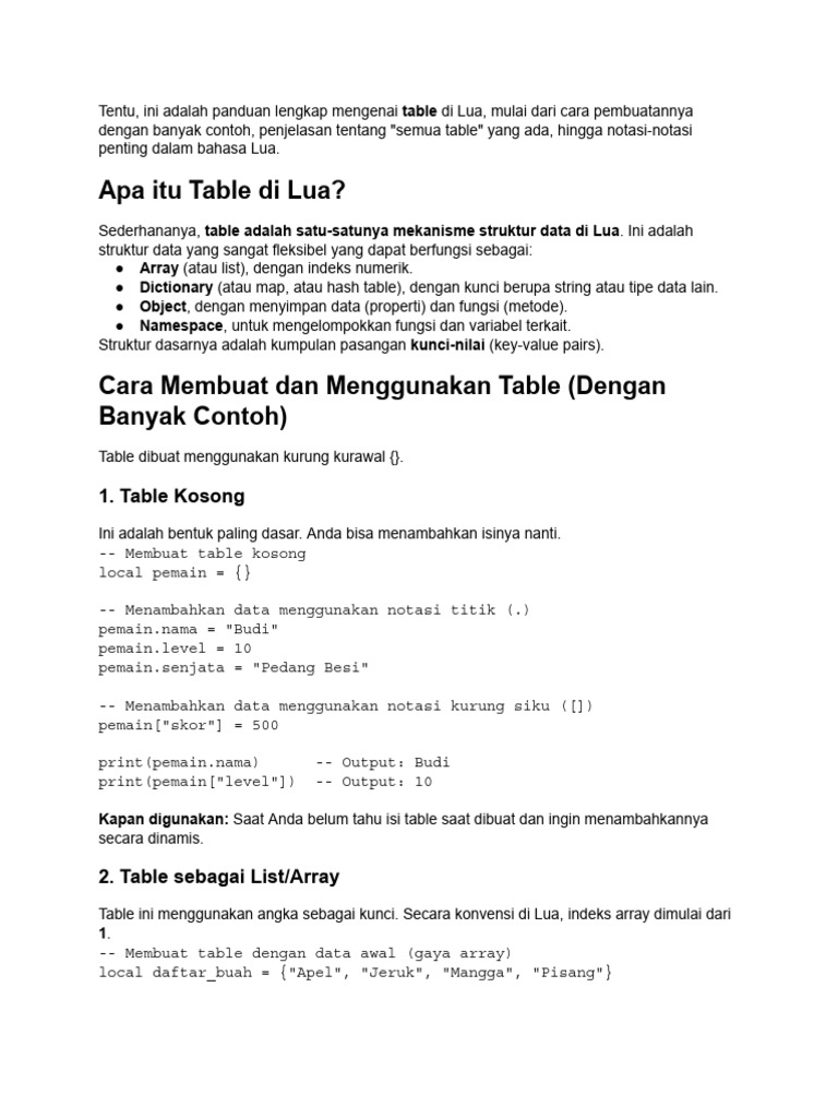 Panduan Lengkap Table di Lua | PDF