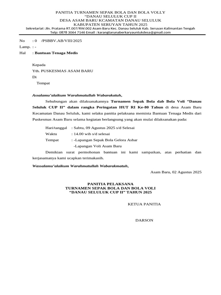 Permohonan Tenaga Medis Danau Seluluk Cup II | PDF