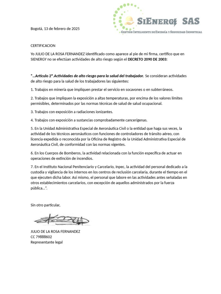 Certificación de Actividades Seguras en SIENERGY | PDF