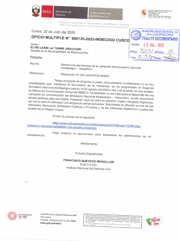 cargo oficio mult N° 130-2025 MD Machupicchu | PDF