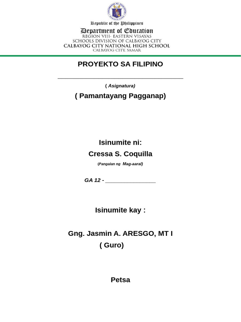 PROYEKTO SA FILIPINO Cover Page | PDF