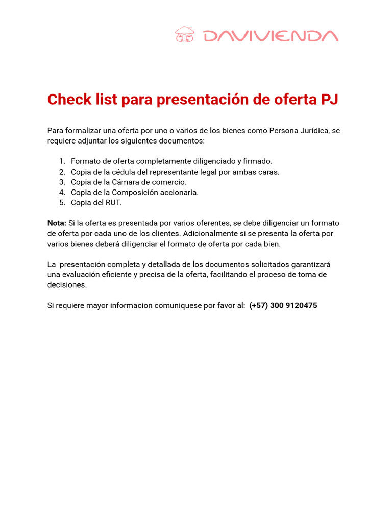 Check list para presentaciขn de oferta PJ (1) | PDF