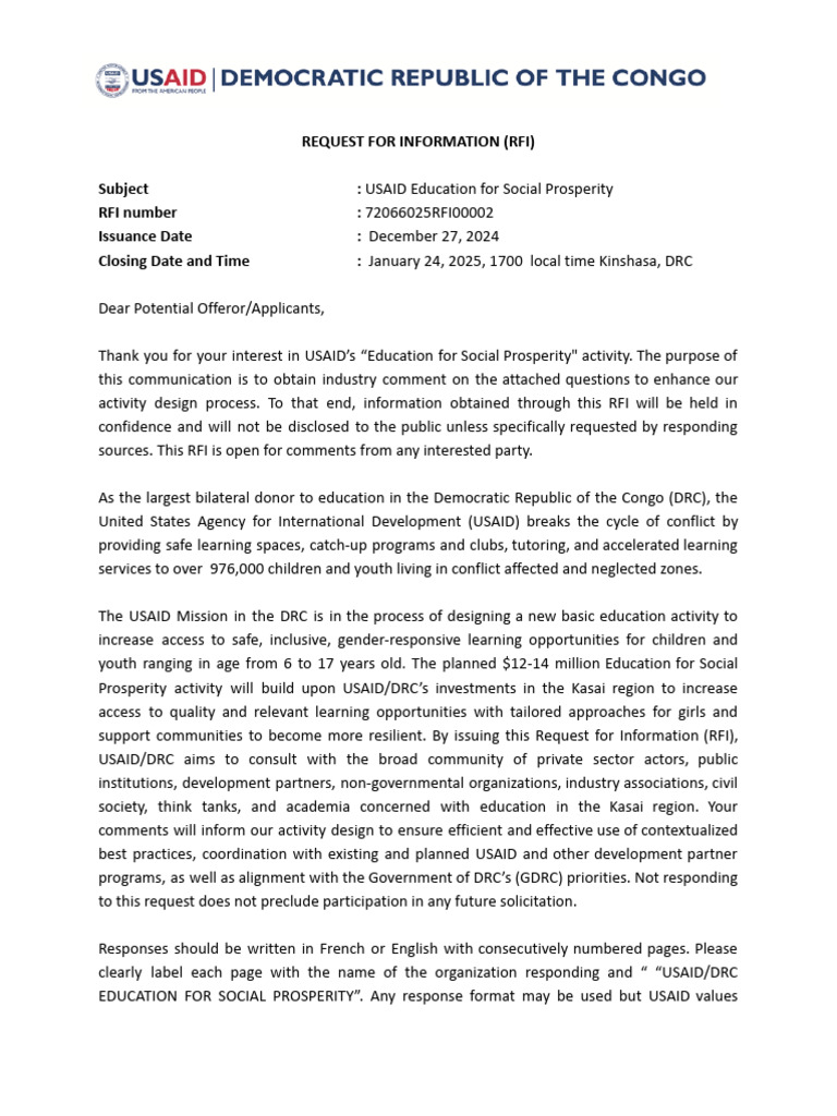 USAID RFI: Education for Social Prosperity | PDF