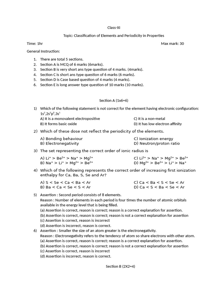 Classification of Elements & Periodicity Exam | PDF | Periodic Table ...