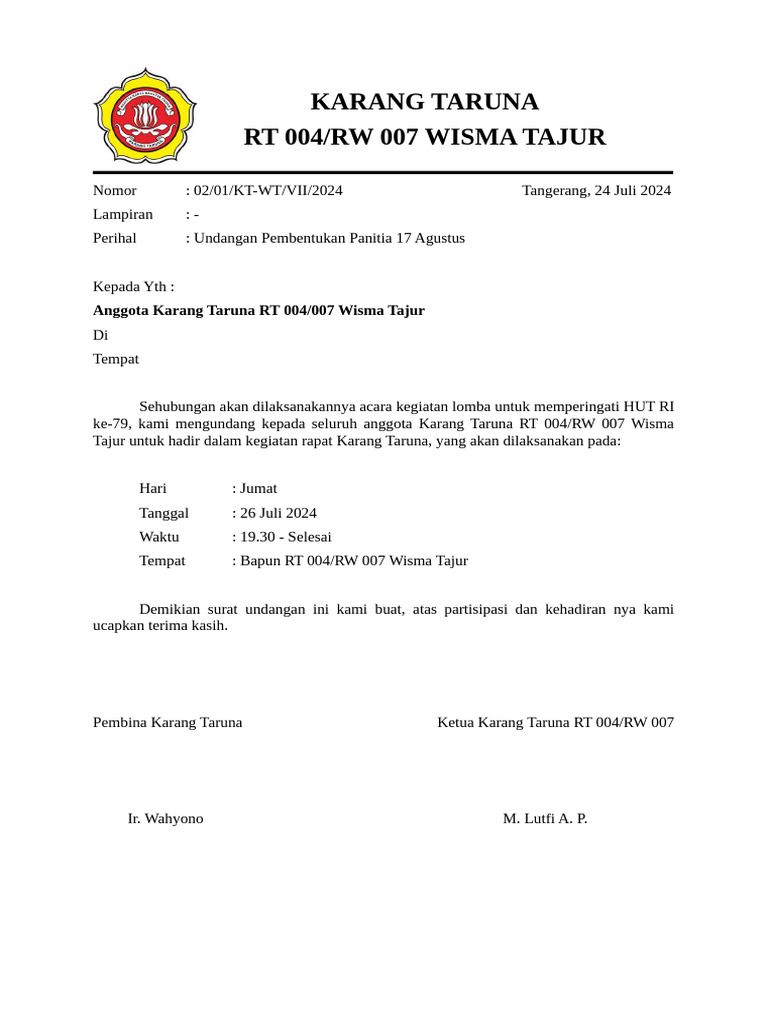 Surat Undangan Rapat Karang Taruna RT 004 Wisma Tajur | PDF