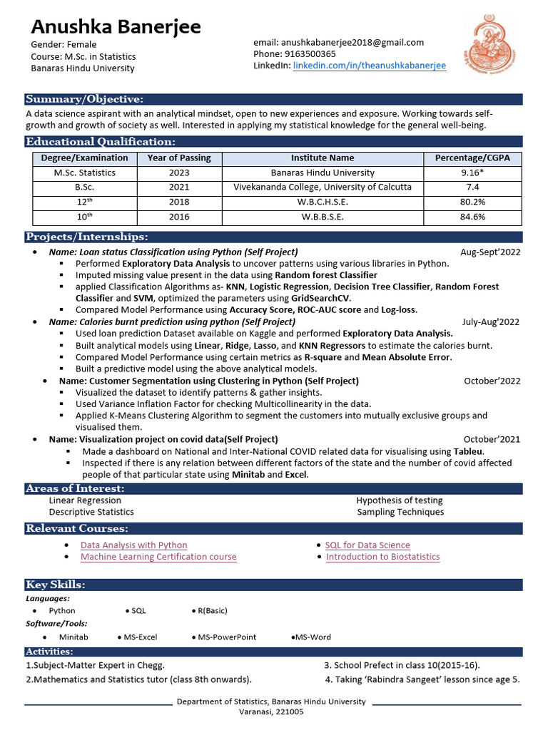 Anushka Banerjee - BHUStats CV | PDF | Statistics | Statistical ...