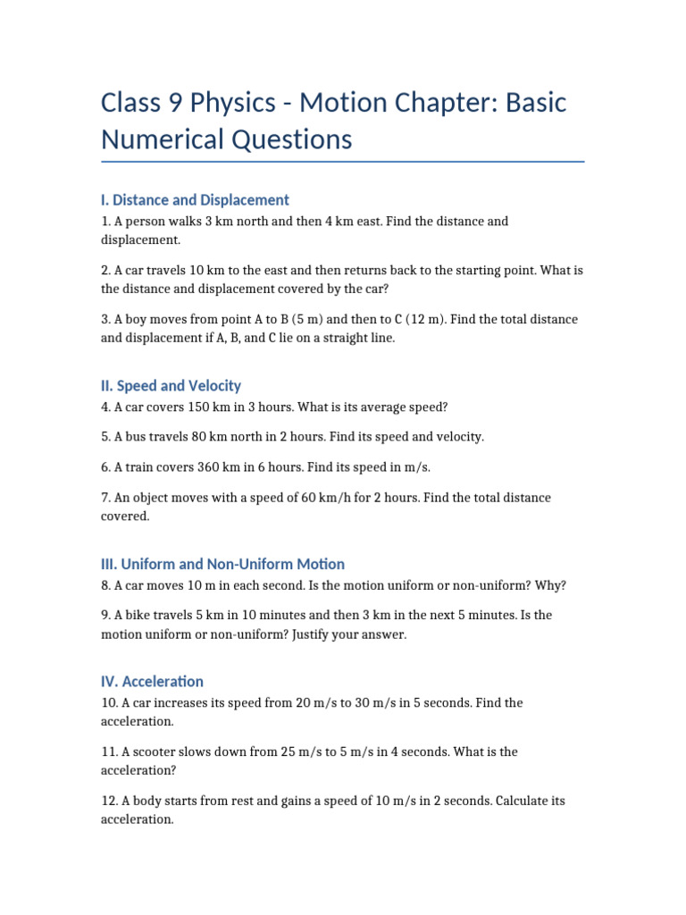 Class 9 Motion Numerical Problems | PDF