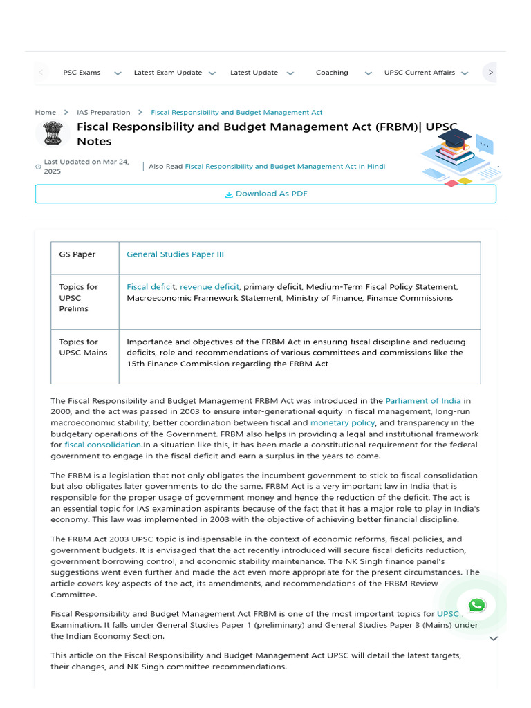 FRBM Act: Key Insights for UPSC Aspirants | PDF | Fiscal Policy ...