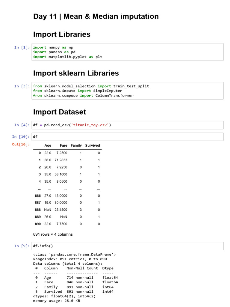 Day 11 (Code 1) Mean Median Imputation - Jupyter Notebook | PDF | Variance | Data Analysis