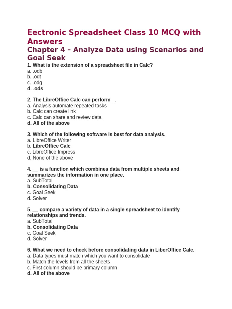 Eectronic Spreadsheet Class 10 MCQ With Answers | PDF | Spreadsheet | Software