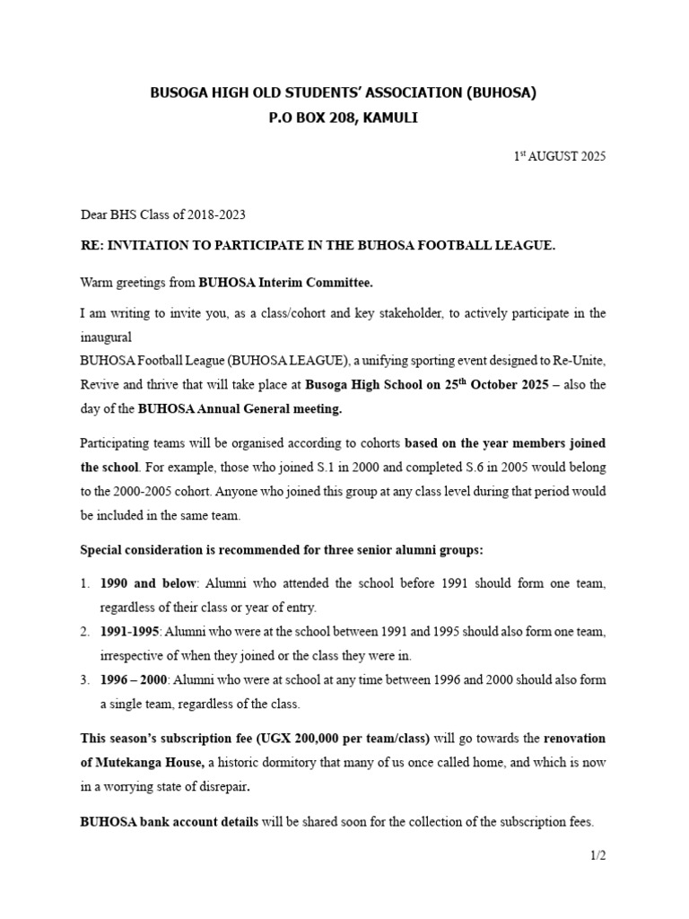 Buhosa League Class Invitation Letter 2018 | PDF