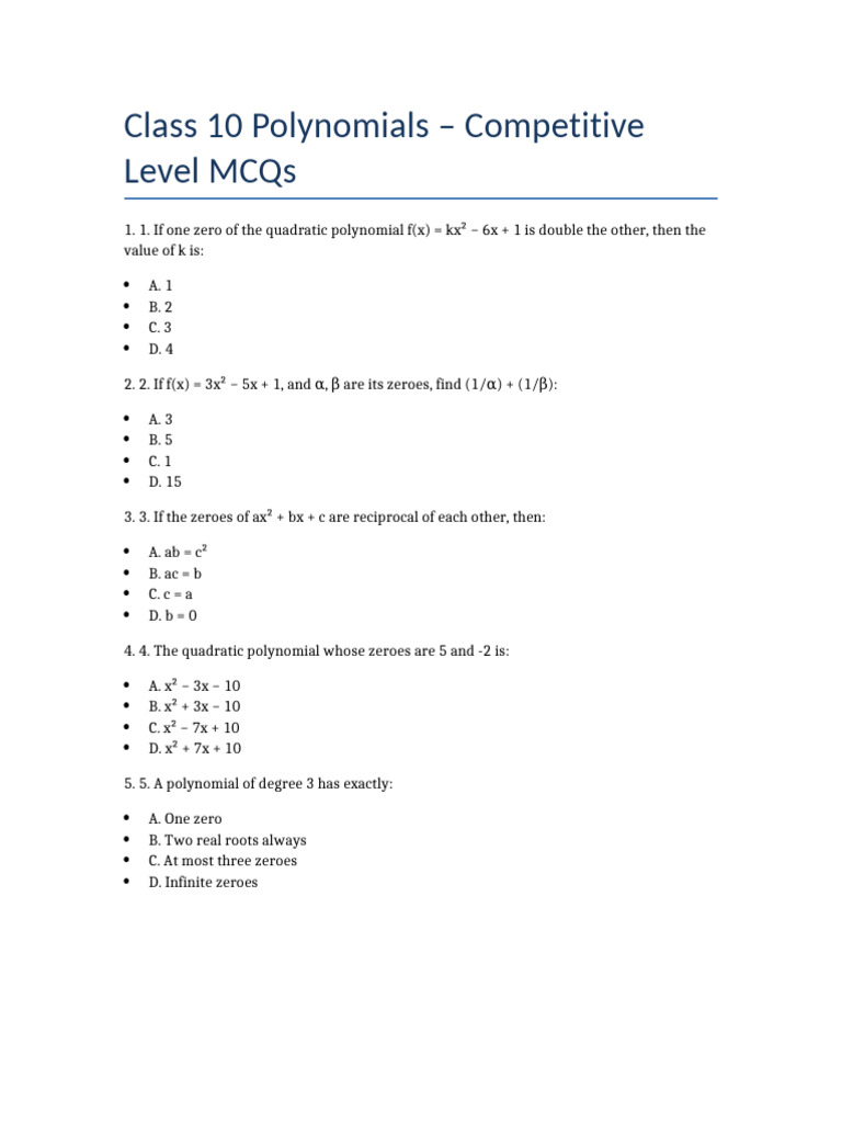 Class 10 Polynomials MCQs Guide | PDF