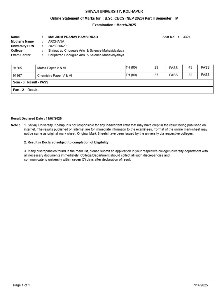 Shivaji University, Kolhapur Online Statement of Marks For: B.Sc. CBCS (NEP 2020) Part II ...