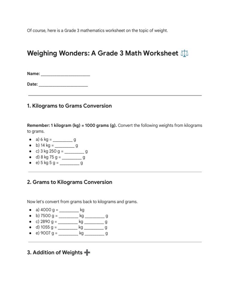Grade 3 Weight Conversion Worksheet | PDF