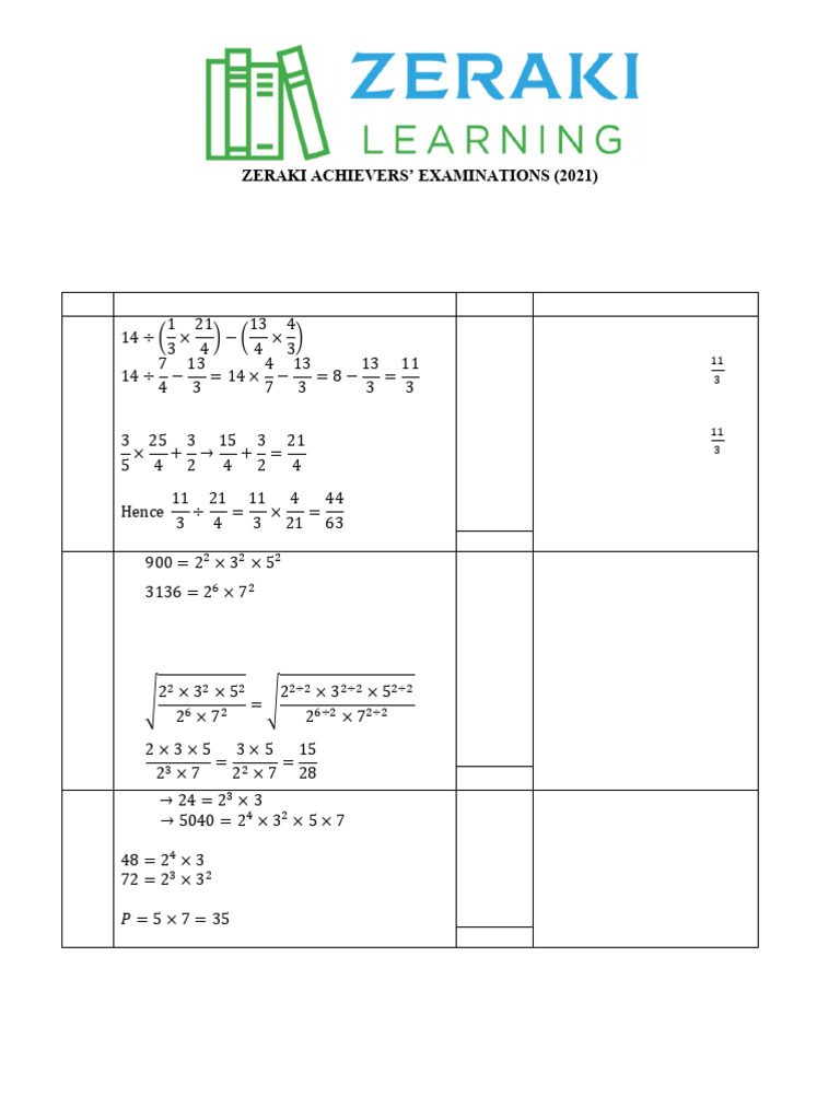 Mathematics - Mathematics Form 1 - Zeraki Achievers 2.0 - Marking ...