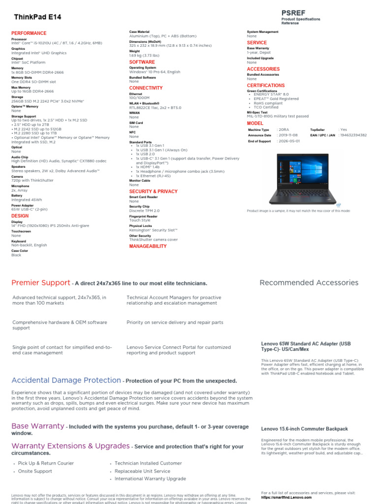 ThinkPad E14 20RA004YUS Overview | PDF | Usb | Personal Computers