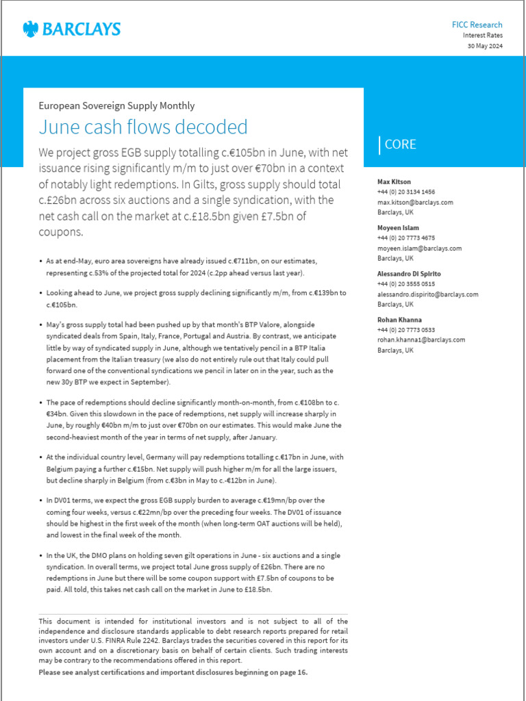 Barclays European Sovereign Supply Monthly June Cash Flows Decoded ...