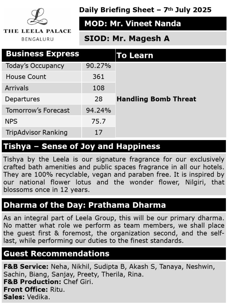 Daily Briefing Sheet - 7th July 2025 | PDF