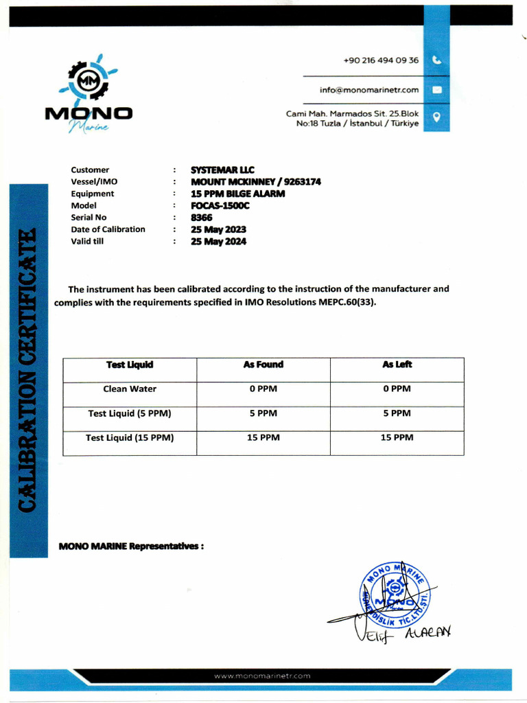 Calibration Certificate 15 PPM Alarm Monitor OWS | PDF