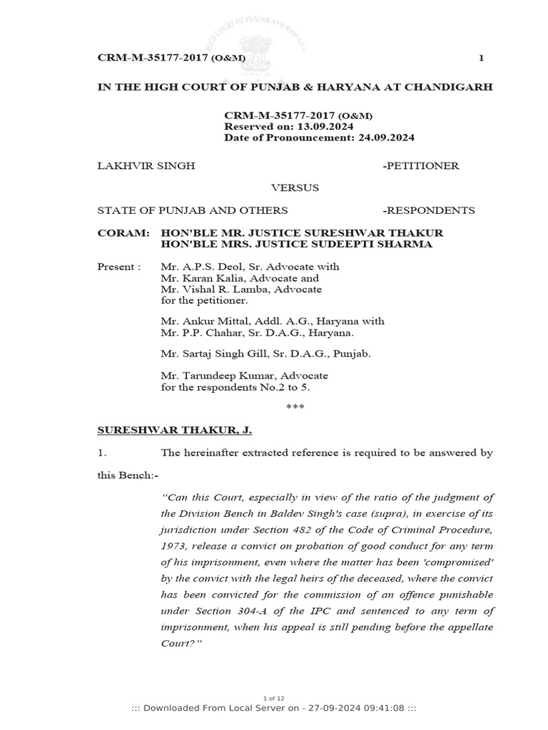 High Court Cannot US 482 CRPC Release Convict On Probation When His ...