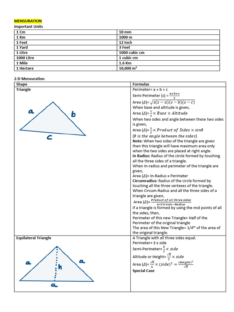 Mensuration Formulae Sheet | PDF | Area | Volume
