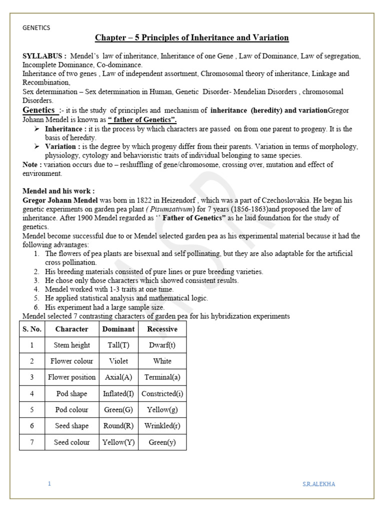 2025 Board Principles of Inheritance Note | PDF | Dominance (Genetics) | Allele