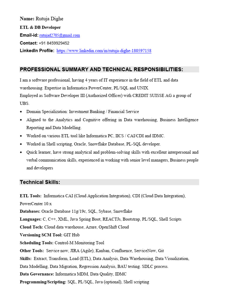 Rutuja Dighe: ETL & Data Developer Profile | PDF | Microsoft Azure ...