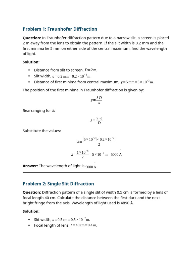 Single Slit Diffraction Calculations | PDF | Diffraction | Wavelength