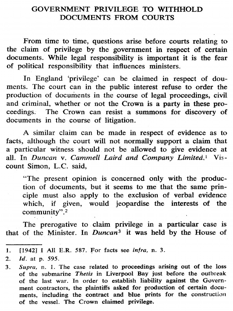 Government Privilege To Withhold Documents From Courts | PDF ...