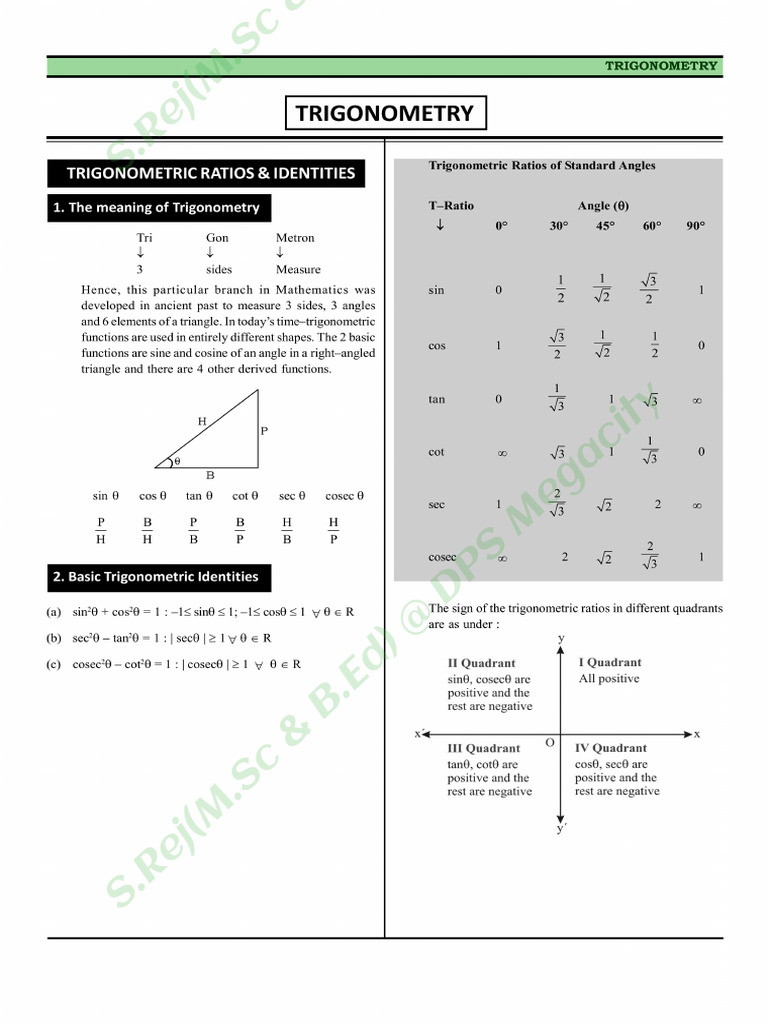 Trigonometry PFD Class 11 | PDF