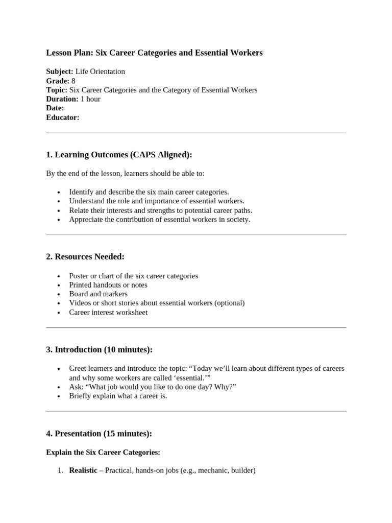 Career Categories and Essential Workers | PDF | Lesson Plan | Learning