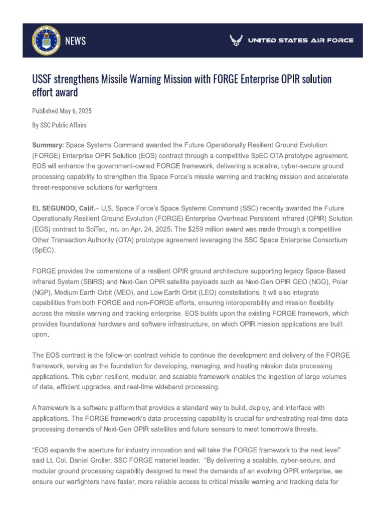 USSF Strengthens Missile Warning Mission With FORGE Enterprise OPIR ...