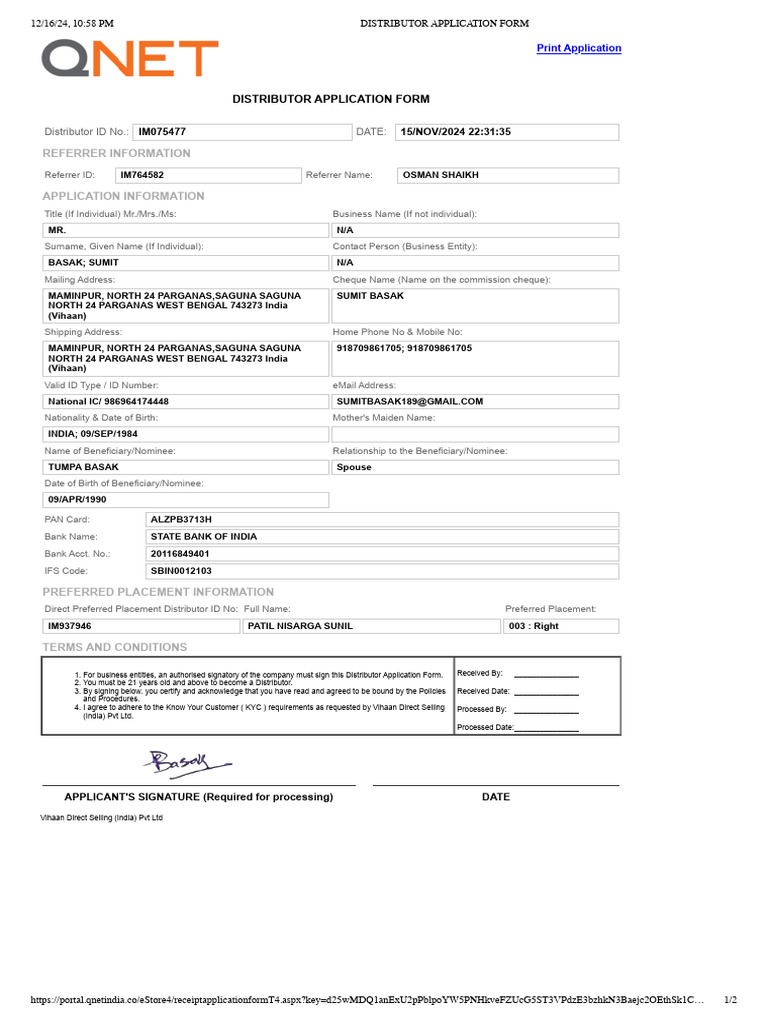 Distributor Application Form for Vihaan | PDF | Taxes