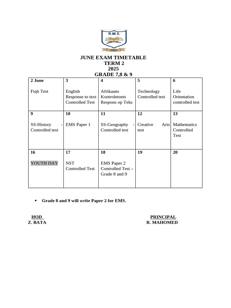 June Exam Timetable Term 2 2025 GRADE 7,8 & 9 | PDF