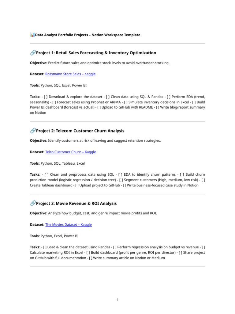 Data Analyst Projects Notion Template | PDF
