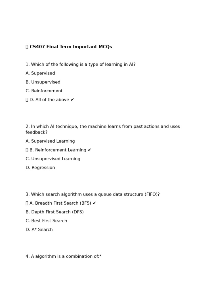 CS407 Final Term MCQs Guide | PDF | Artificial Intelligence ...