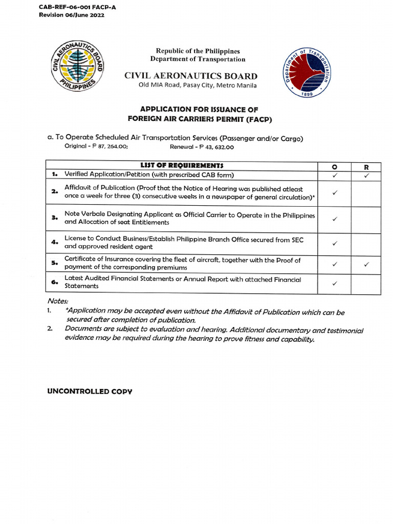 I Orig-Renewal Application - Foreign Air Carriers Permit (Facp) Rev.06 2022 | PDF