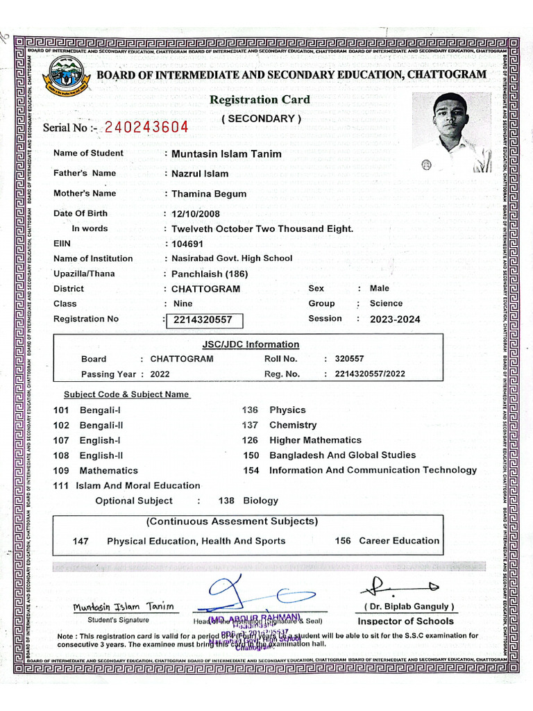 SSC Registration Card (Muntasin Islam) | PDF