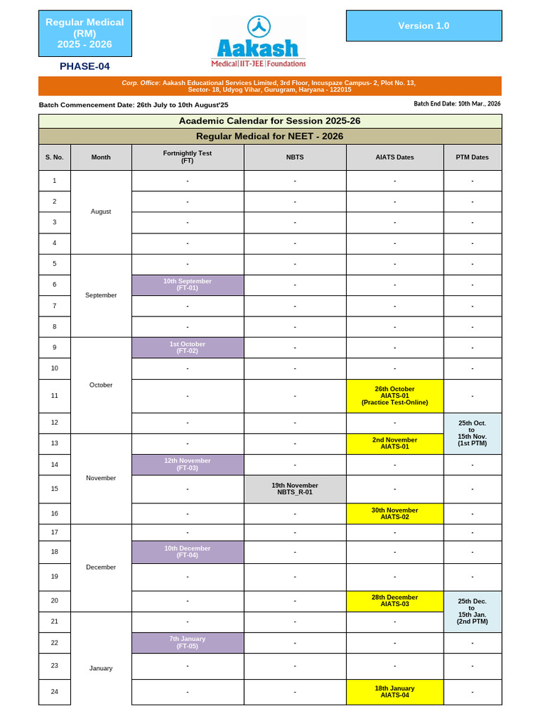 Academic Calendar Regular Medical Phase-04 2025-26 Version 1.0 | PDF | Battles | Military Operations