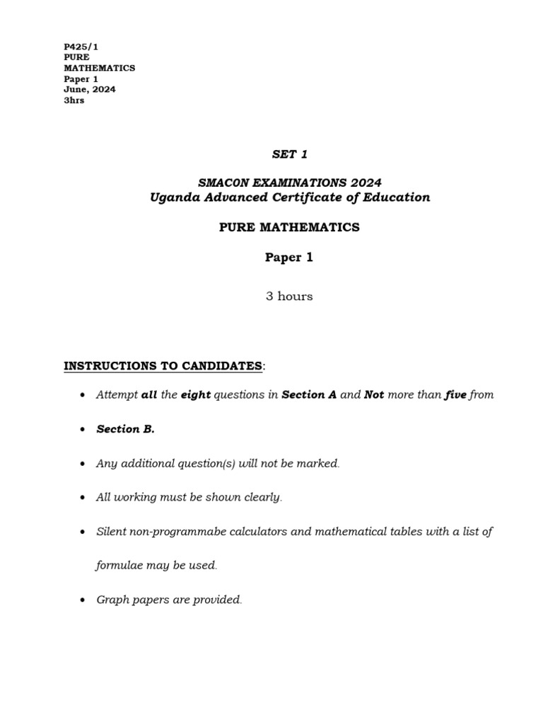 S.6 Math Pp1 Set 1 | PDF | Equations | Acceleration