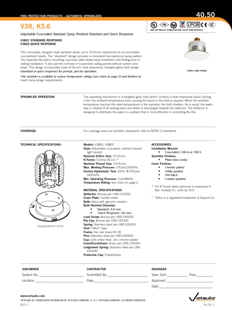 Model V3802 Quick Response, Adjustable Concealed Standard Pendent | PDF ...