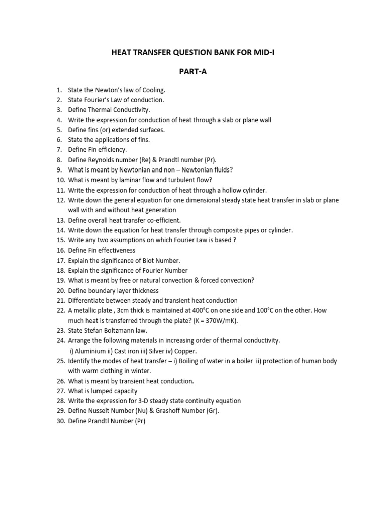 Heat Transfer Question Bank for Midterm | PDF | Heat Transfer | Thermal ...
