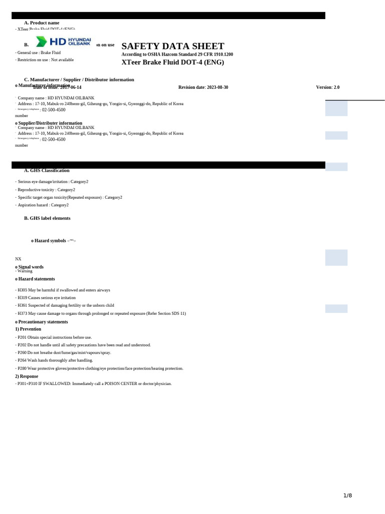 XTeer Brake Fluid DOT-4 Safety Data Sheet | PDF | Dangerous Goods | Safety