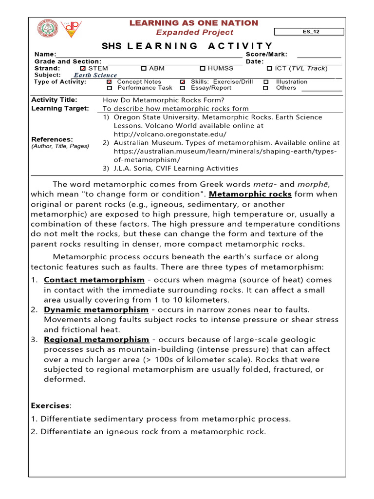 Earth Science LAS 12 How Do Metamorphic Rocks Form | PDF | Rock ...